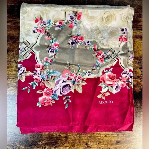 Adolfo | Accessories | Vintage Adolfo Ladies Floral Print Silk Scarf ...